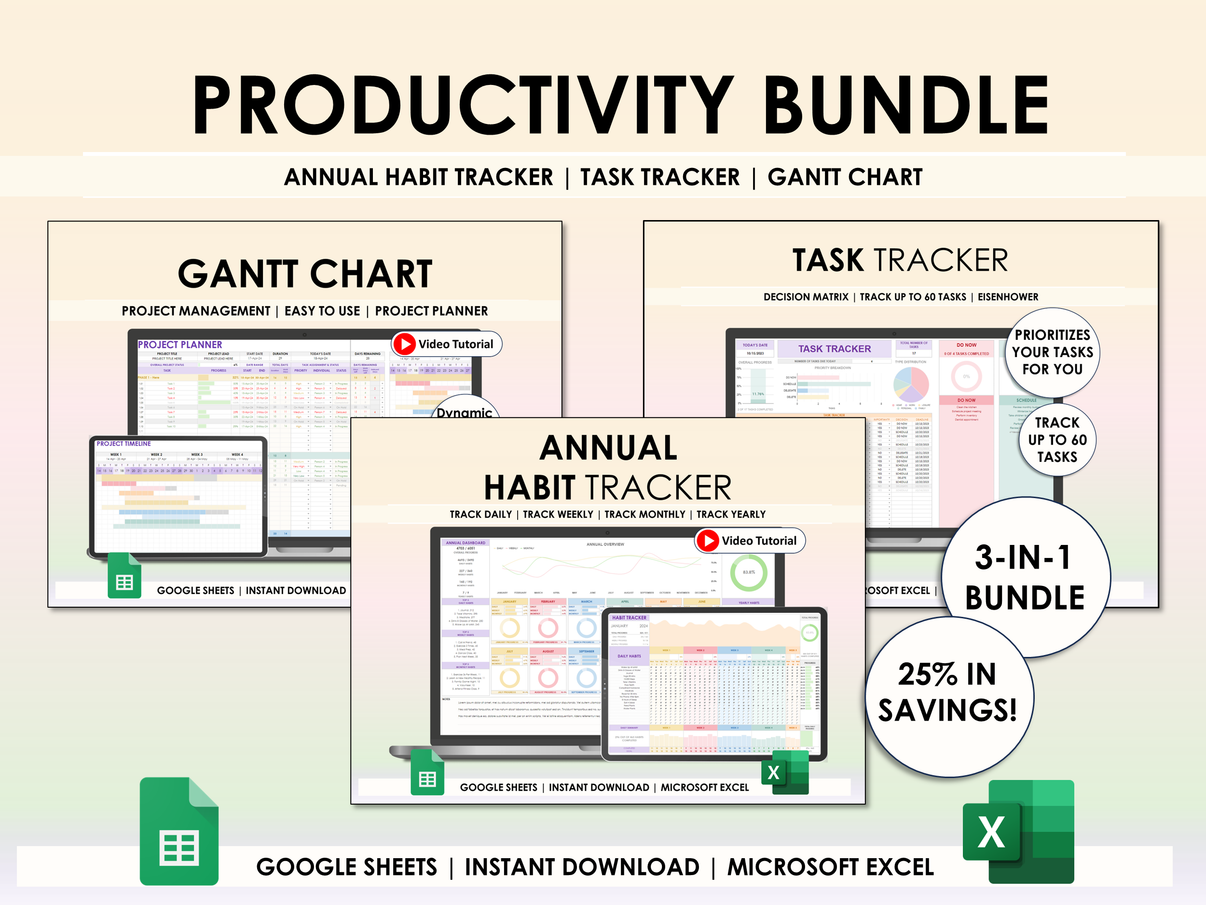Productivity Bundle - Habit Tracker + Task Tracker + Gantt Chart for E ...